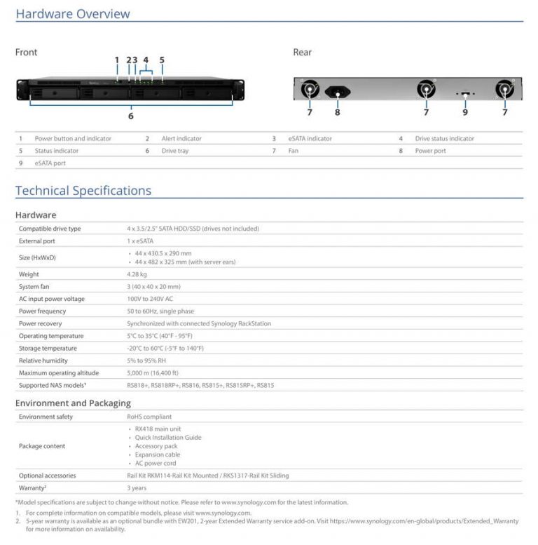 Synology 1U/4-Bay RackStation RS818+/RS818RP+ NAS and RX418 Expansion ...