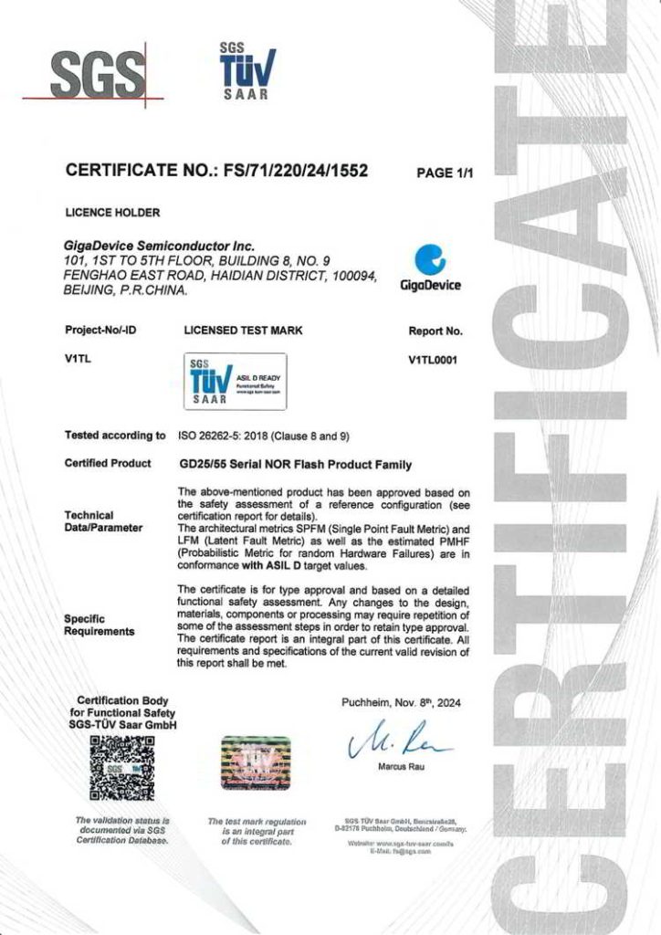 Certification ISO 26262 ASIL D for GigaDevice GD25/55 Serial NOR Flash ...